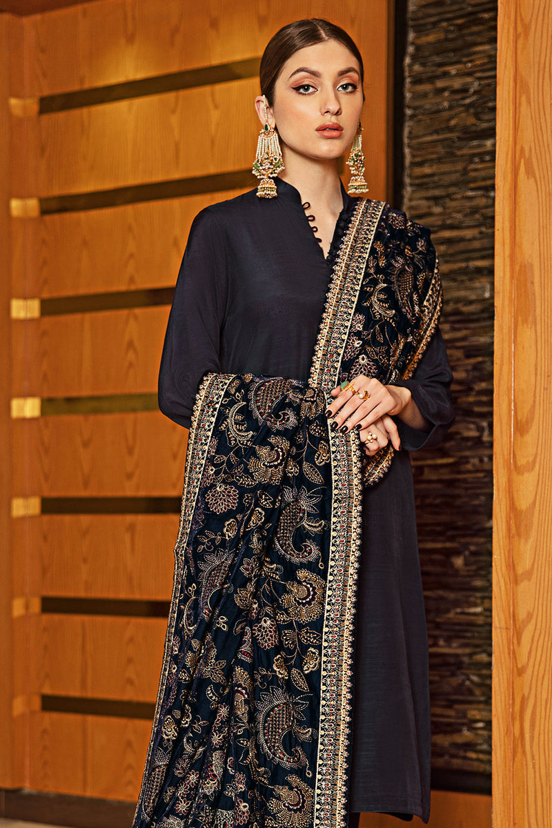 V-208 Navy Blue Ramsha Velvet Shawl Suit - Stitched – Sadaf’s Collection